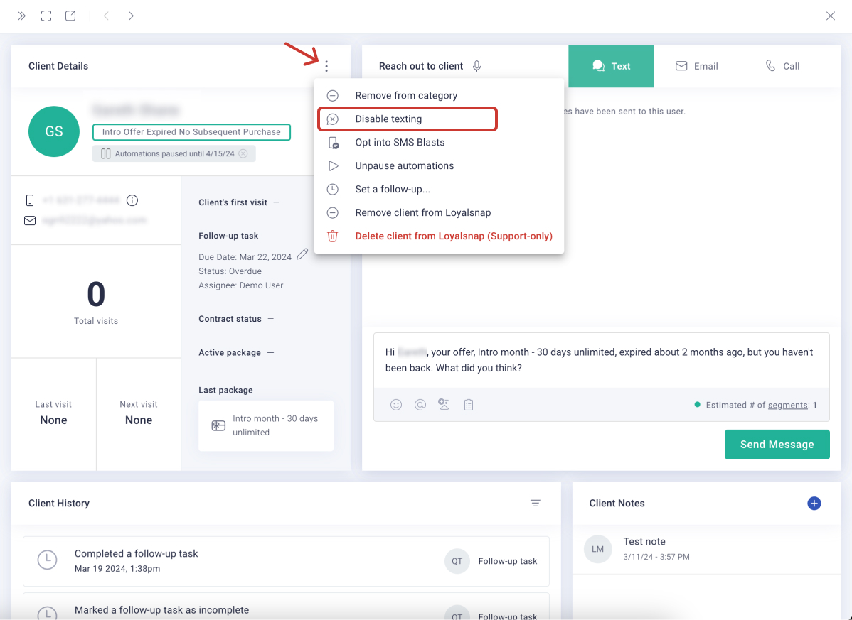 Disable Texting from Client Details Page – Help Center