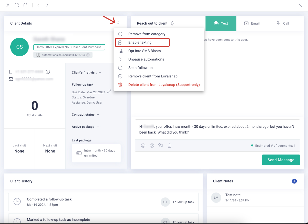 Disable Texting from Client Details Page – Help Center